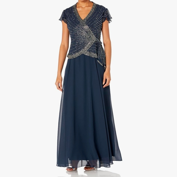J Kara | Dresses | J Kara Sz 8w Navy Blue Beaded Short Flutter Sleeve ...